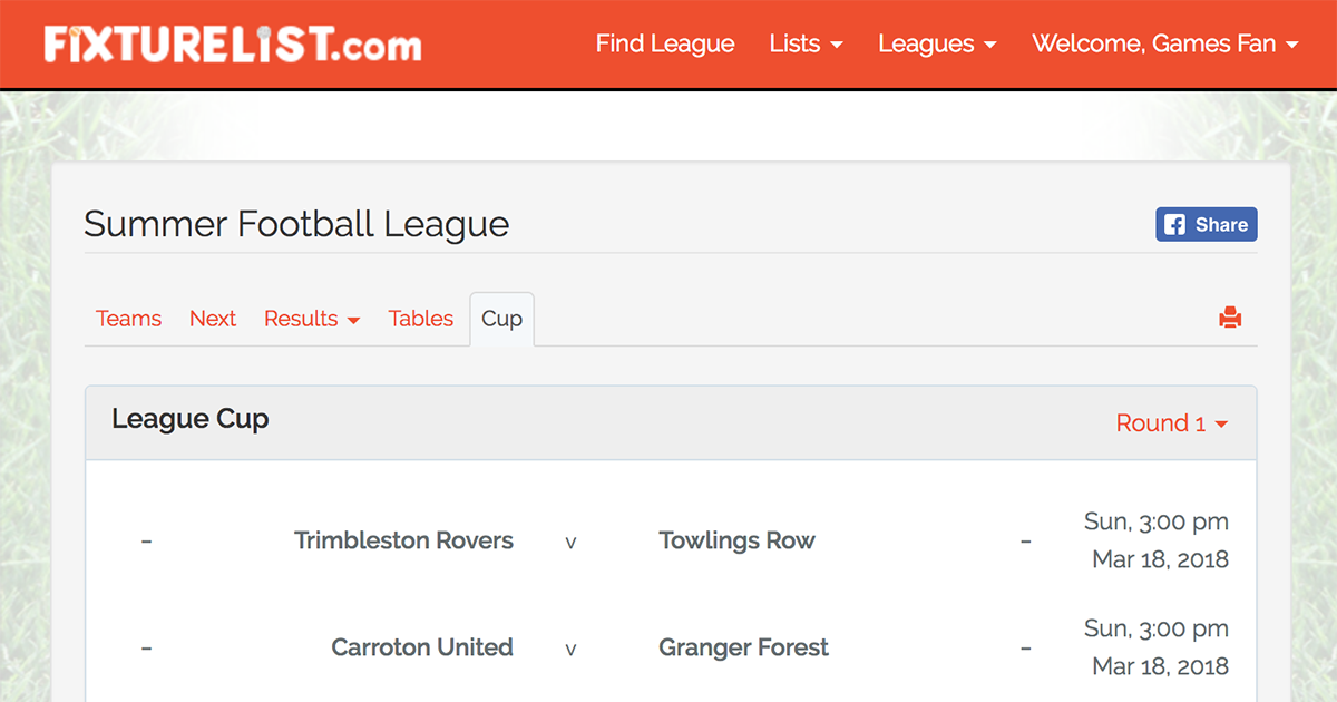 Fixture List Generator, Free web based sports league management software