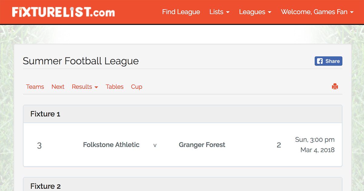 Fixture List Generator, Free web based sports league management software